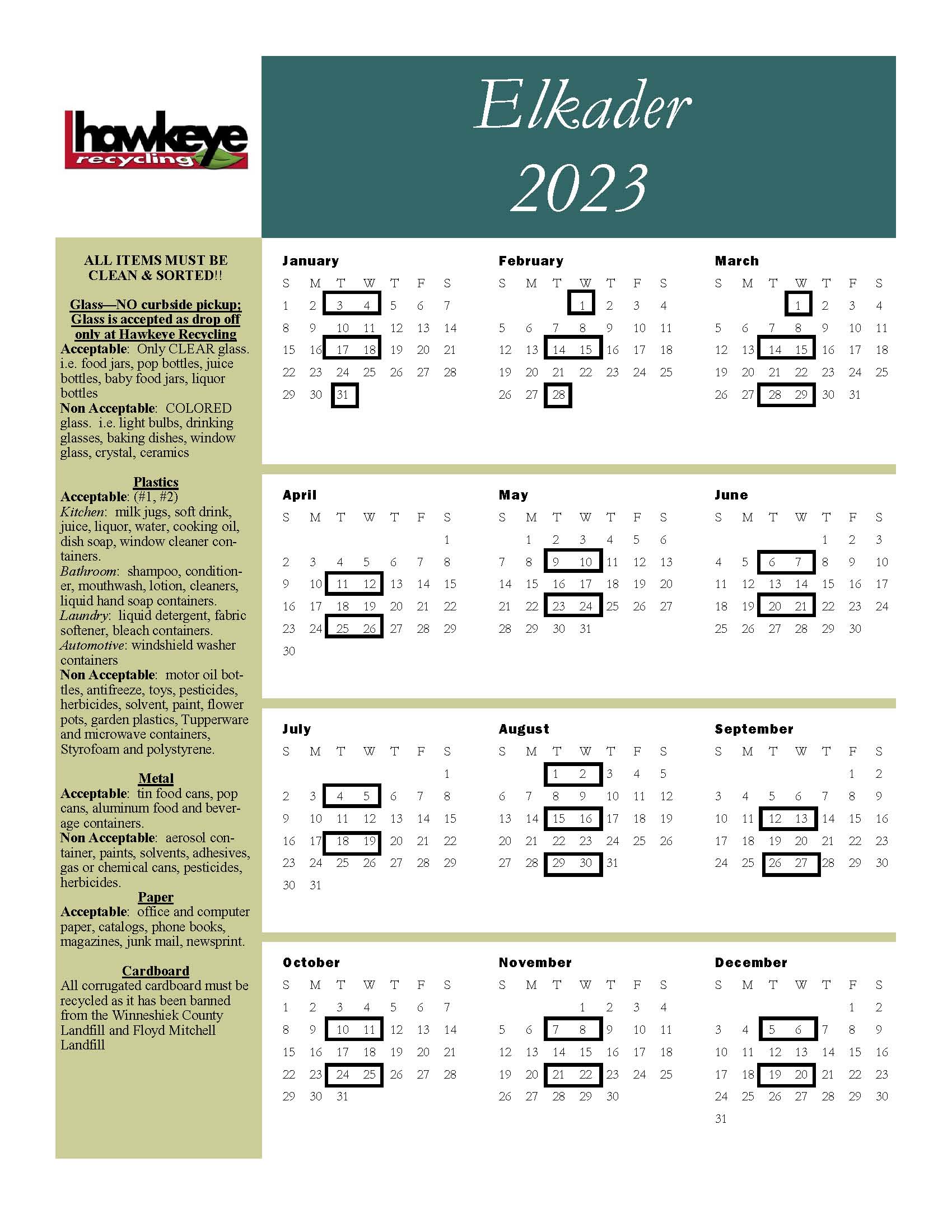 2023 Recycling Calendar – Elkader, Iowa