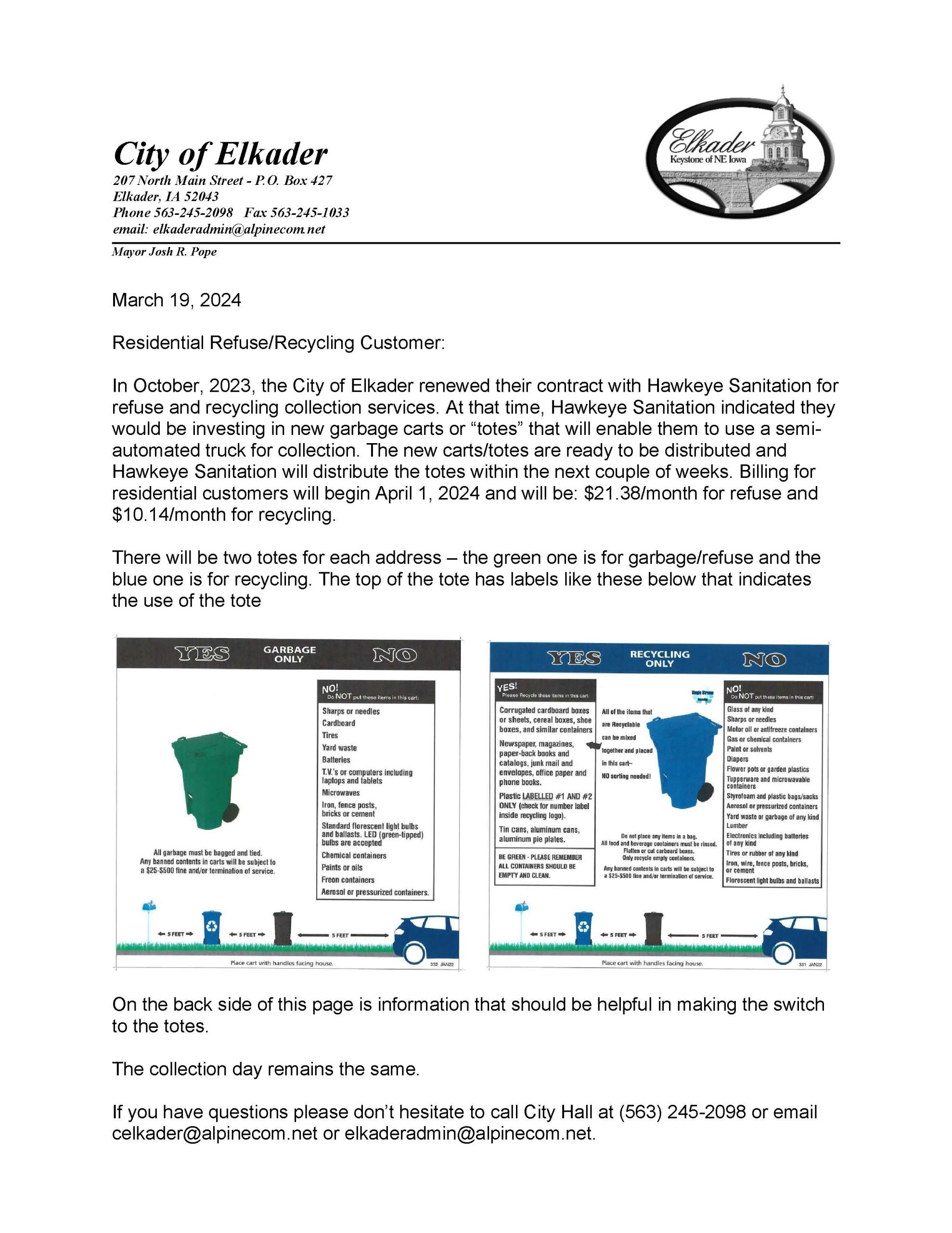 New garbage totes are on their way! – Elkader, Iowa